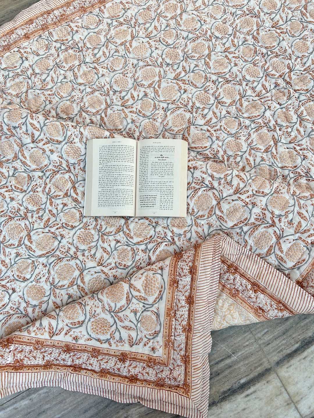 Hand Block Print Queen Quilt: Floral Cotton Bedspread - Etsy