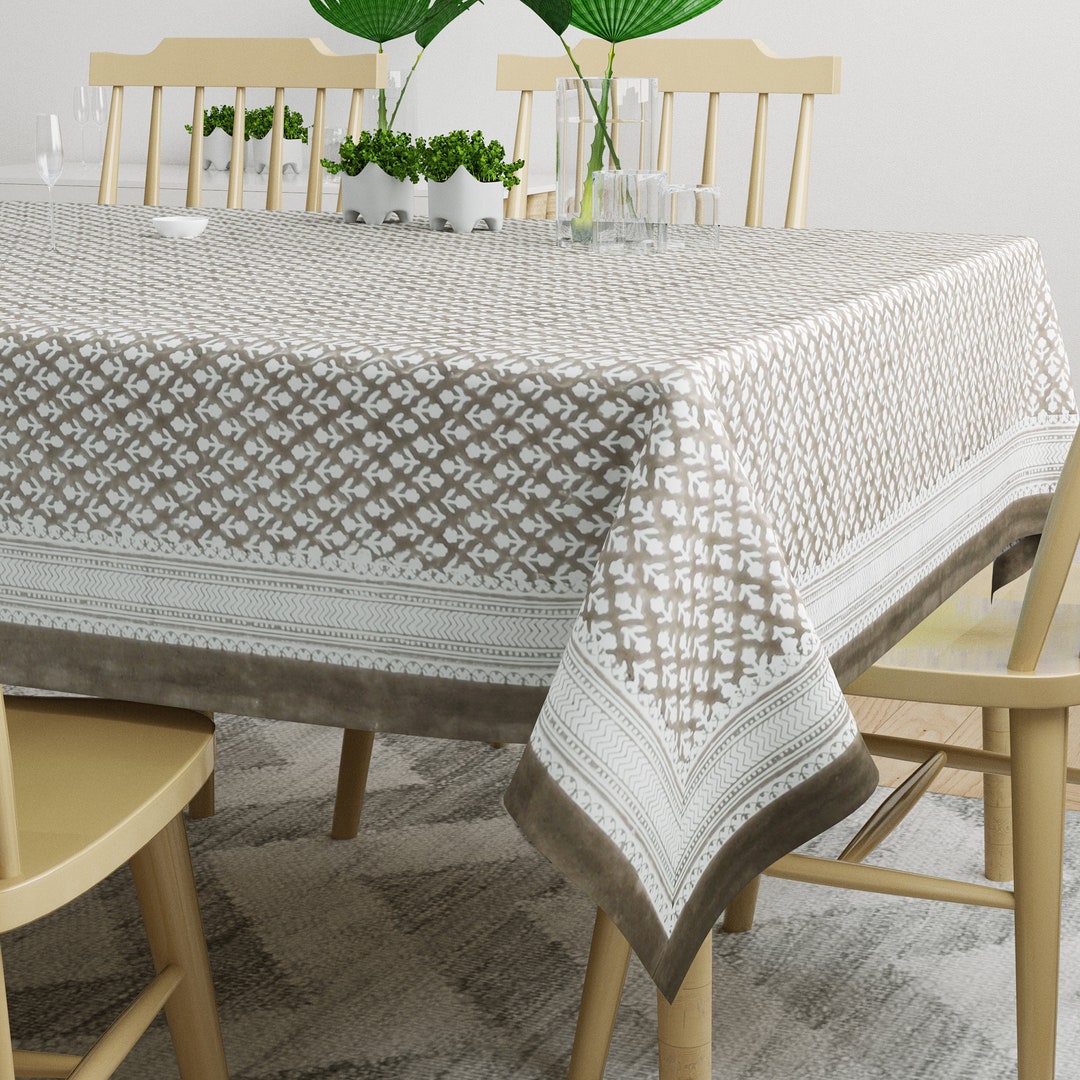 Indian Floral Block Print Tablecloth,grey Cotton Table Cover,handmade ...