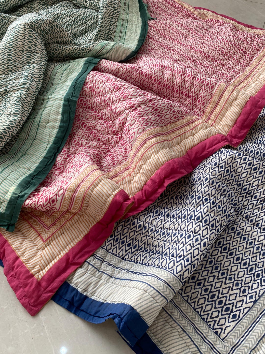 Handmade Quilt Hand Block Print, Cotton Geometric Throw, Anokhi Bedding ...