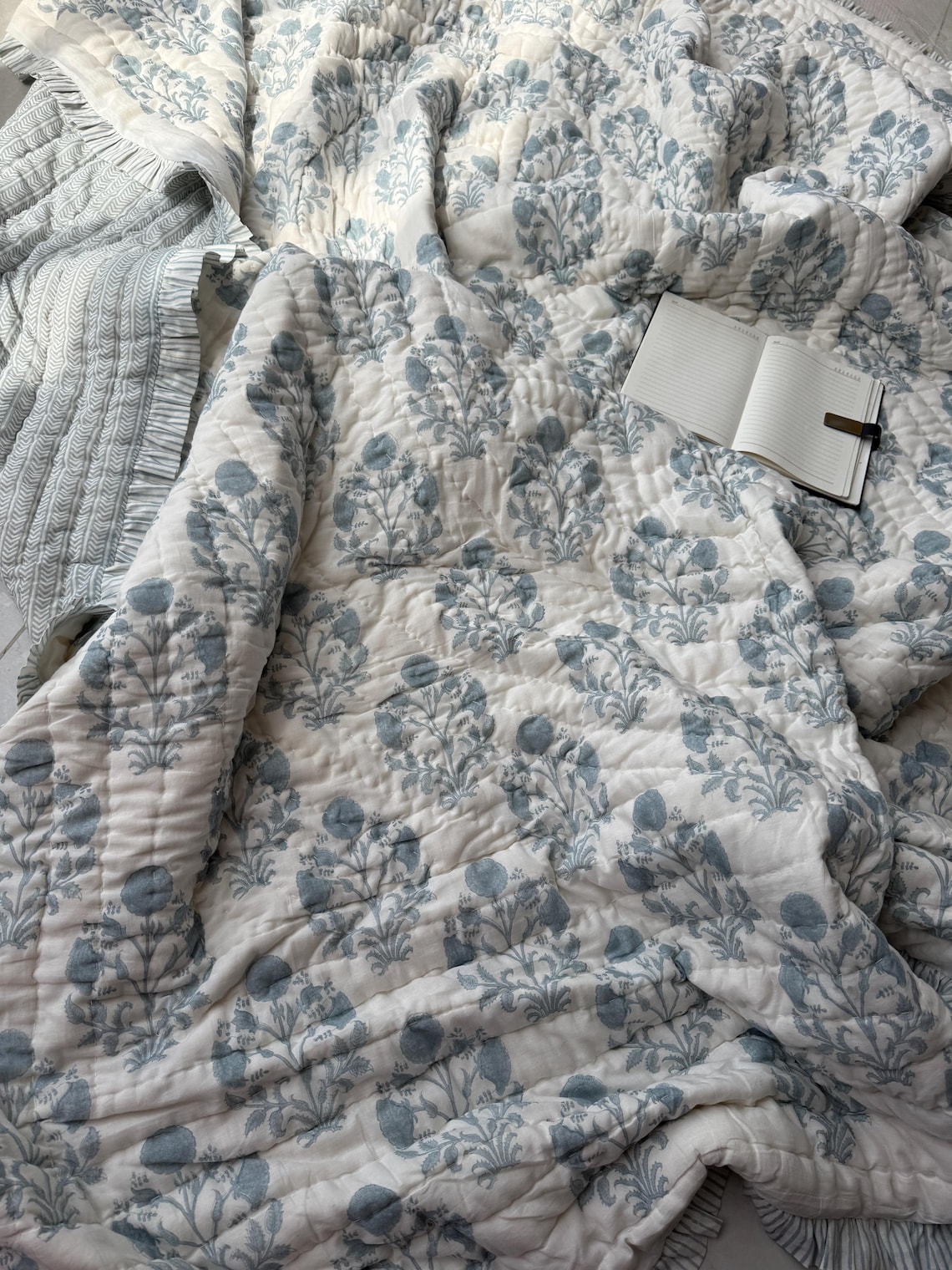 Blue Toile Quilt: Handmade Block Print Cotton Throw, Reversible Bedding ...