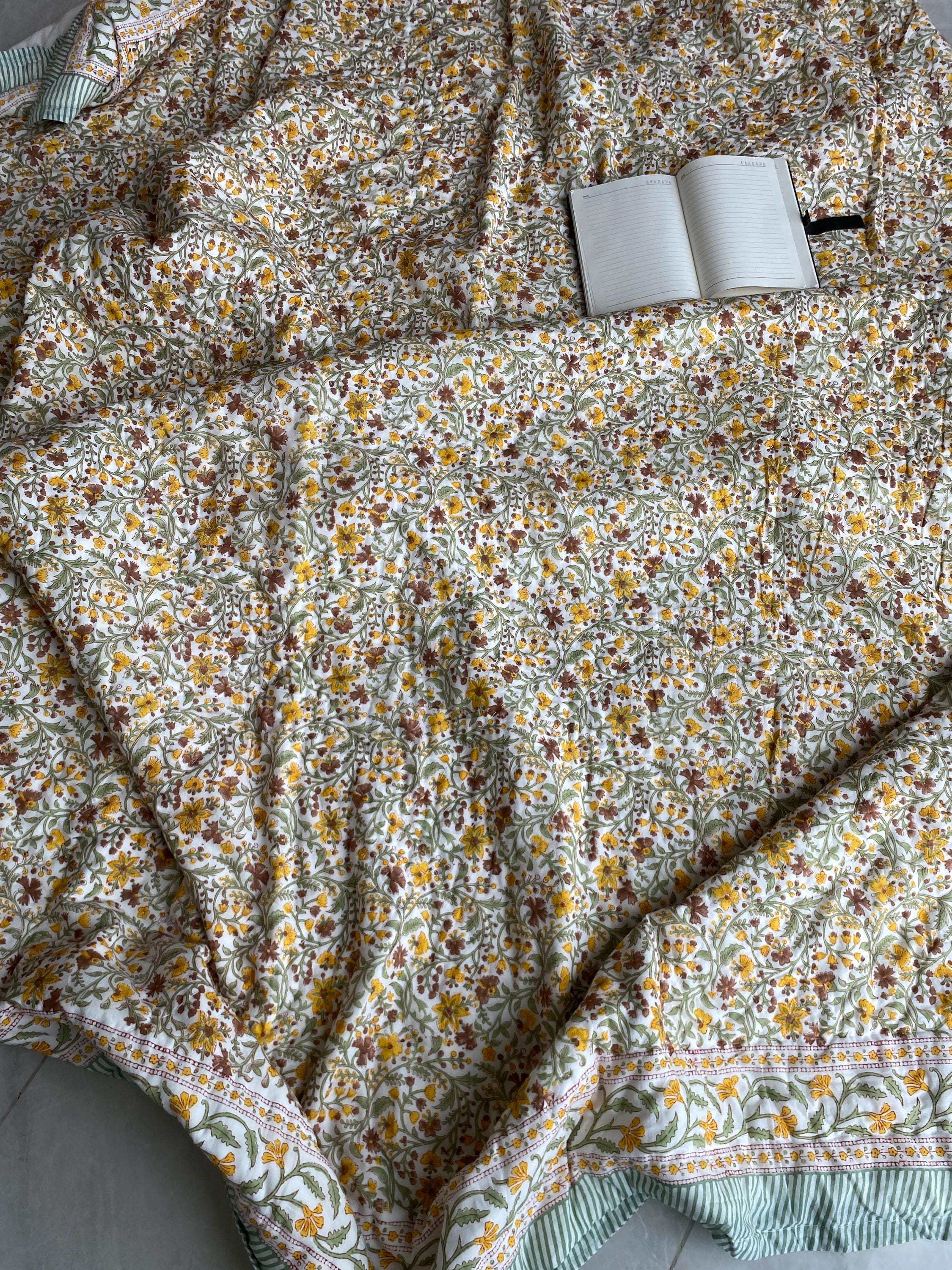 Anokhi Block Print Cotton Quilt, Reversible Handmade Razai, Floral Boho ...