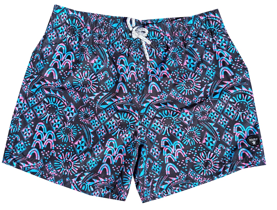 Molokai Black Neon Retro Swim Trunks - Etsy