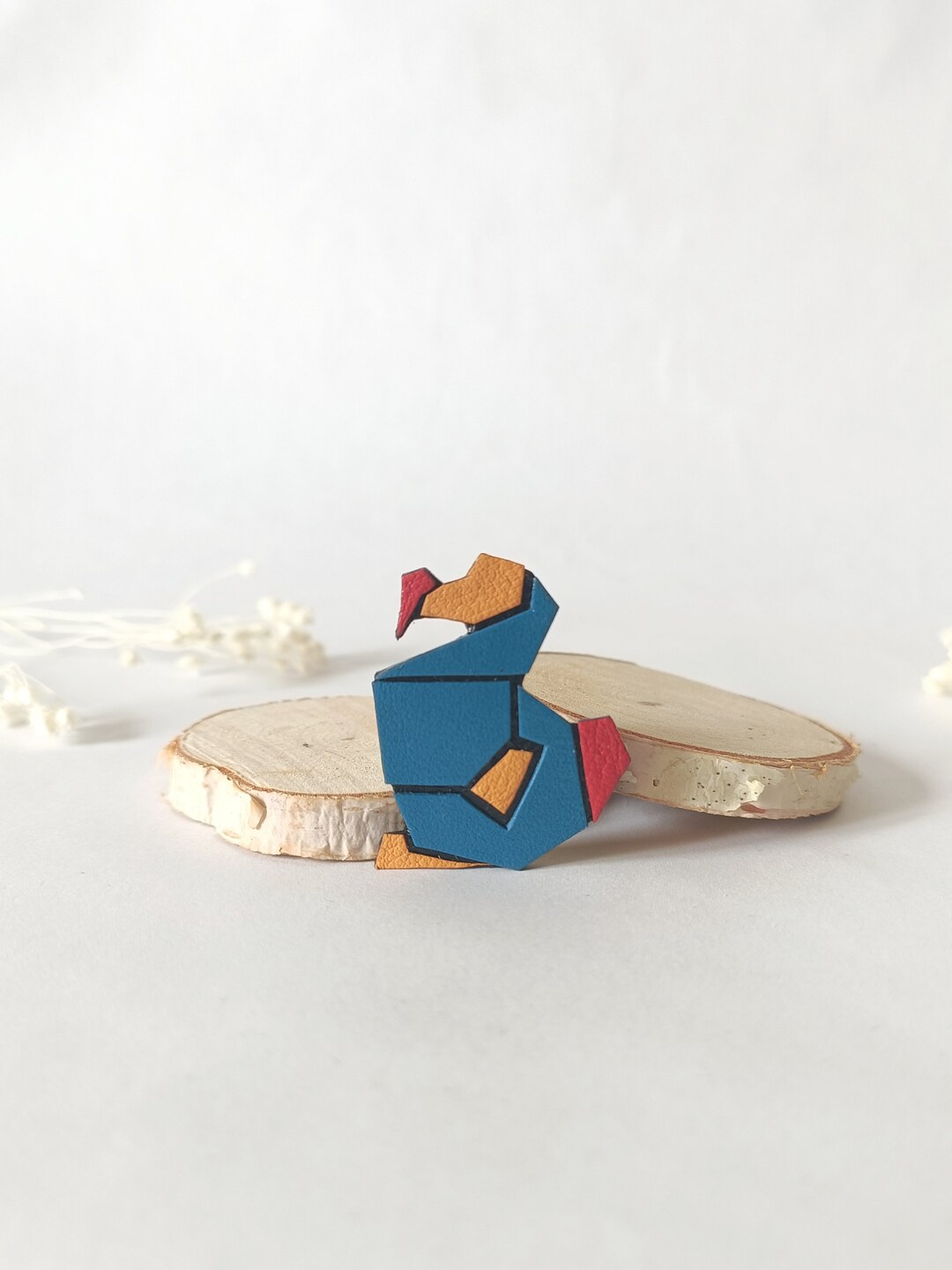 Brosche Aldo Origami Spirit Dodo, blaues, orange und rotes Leder - Etsy.de