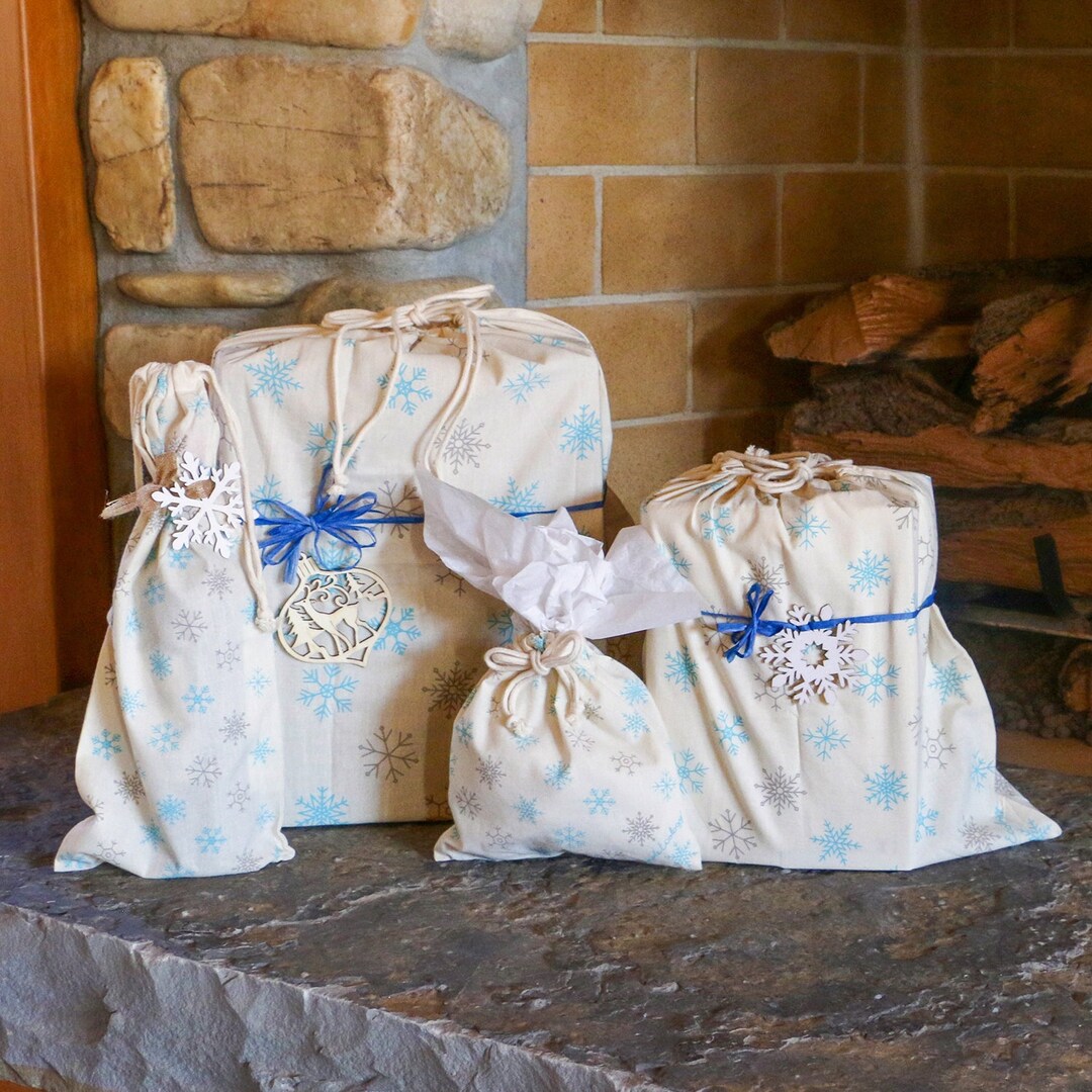 Reusable Snowflake Gift Bag Set - Organic Cotton Wrapping Paper ...