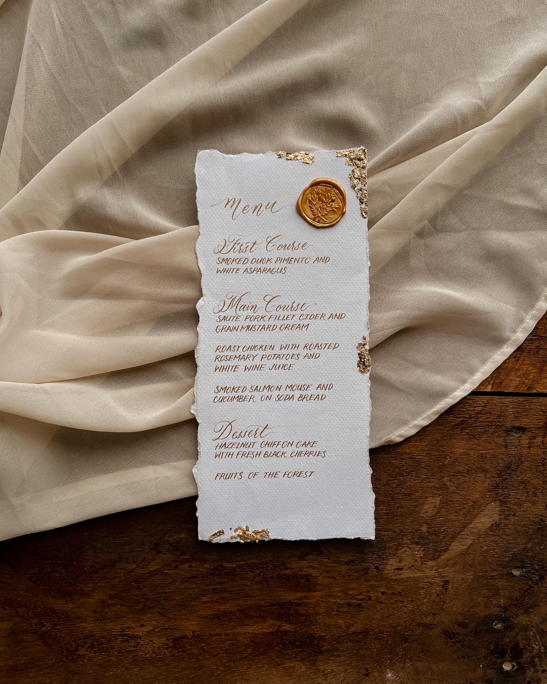 Handmade Calligraphy Menu With Gold Flakes and Wax Seal Vintage Classic ...