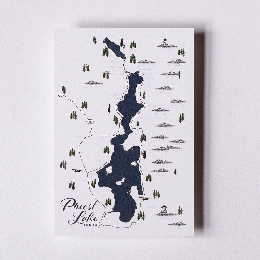 Priest Lake Postcard With Hand Drawn Map, Elkins, Hills Resort, Coolin ...