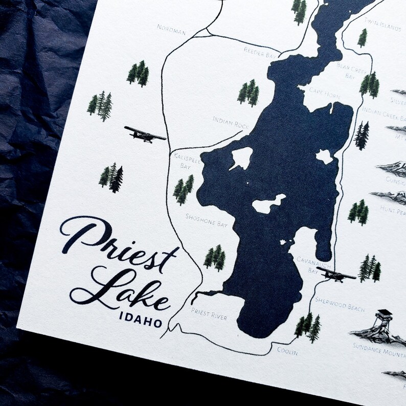 Priest Lake Postcard With Hand Drawn Map Elkins Hills - Etsy