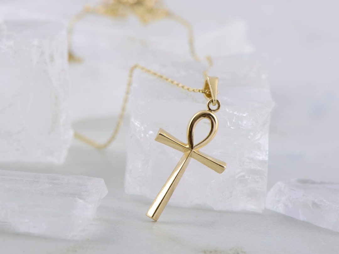 14k Solid Gold Ankh Cross Necklace, Real Gold Egyptian Ankh Charm ...