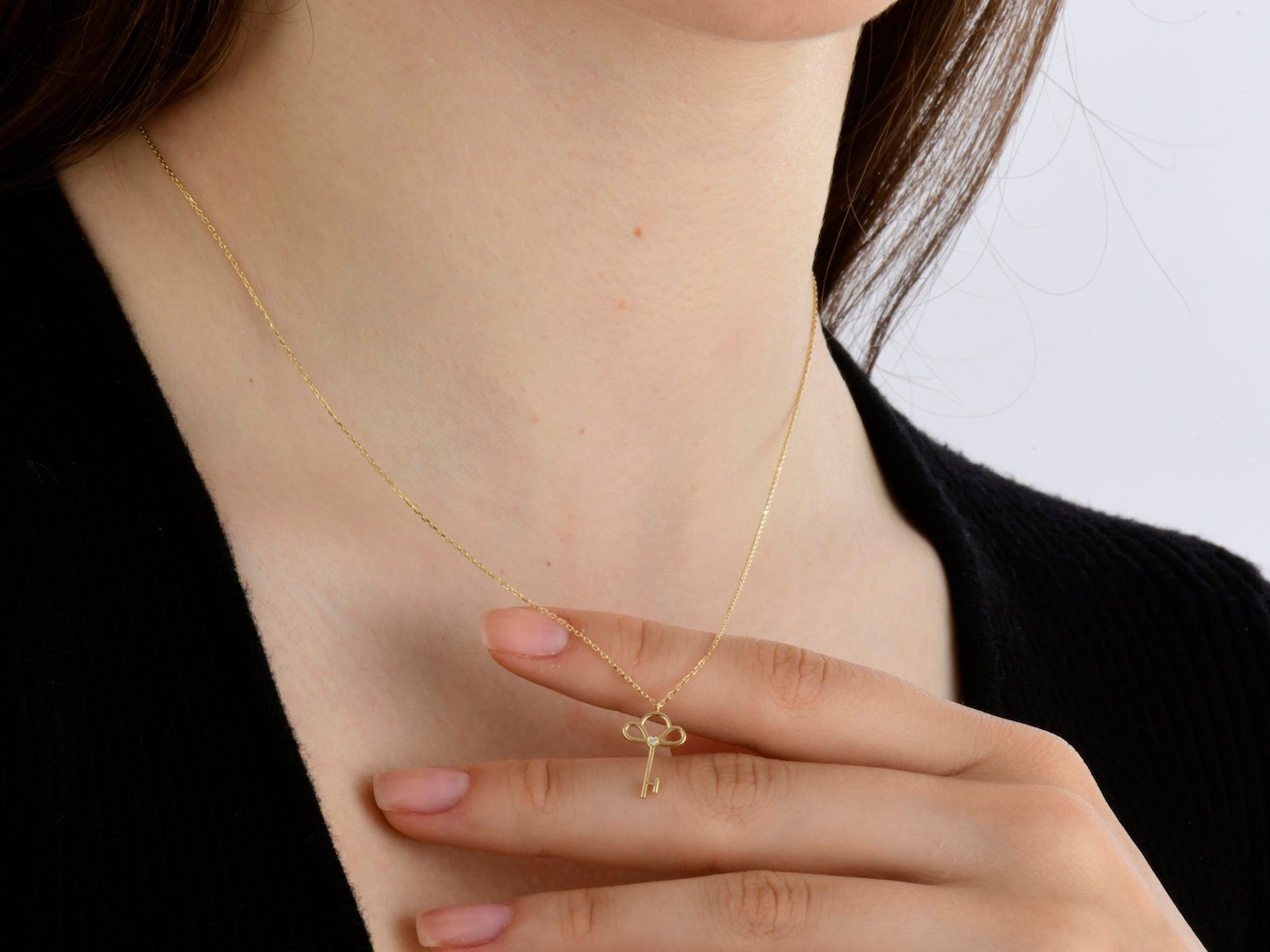 Dainty Diamond Key Necklace, 14k 18k Solid Gold Diamond Key Choker ...