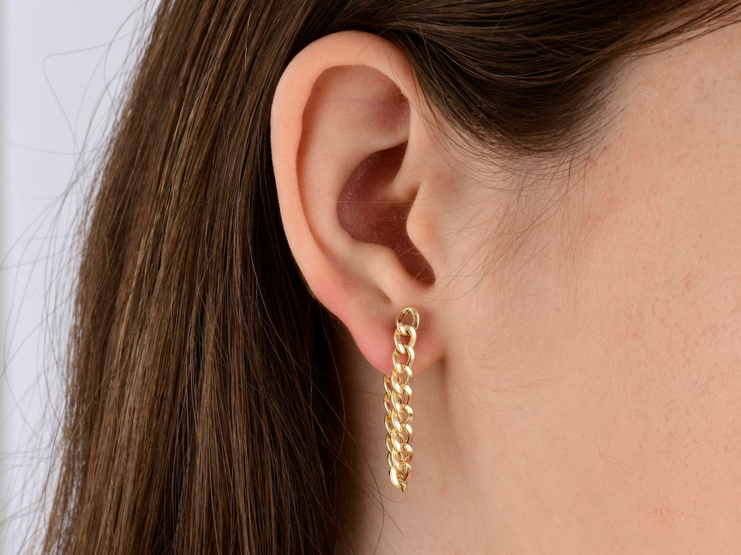 14k Solid Gold Cuban Chain Earring, Gourmet Cuban Chain Dangle Earrings ...