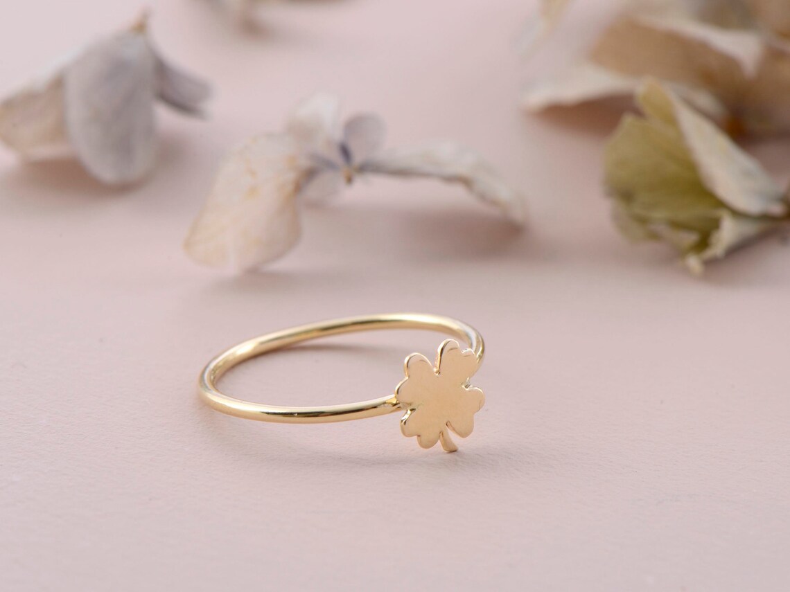14k Solid Gold Dainty Clover Ring, Four Leaf Clover Luck Ring, Good ...