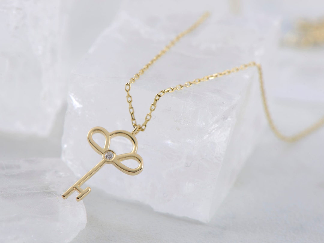 Dainty Diamond Key Necklace, 14k 18k Solid Gold Diamond Key Choker ...