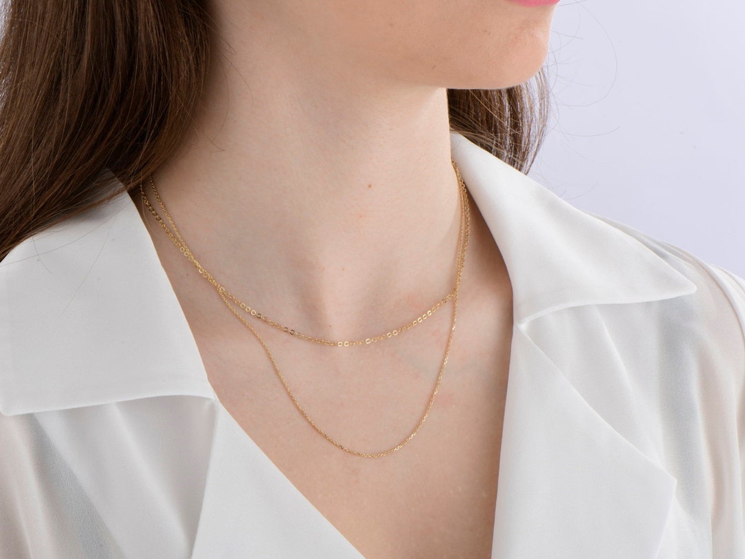 14K Solid Gold Two Strand Chain Necklace, 0,95 Mm X 1,85 Mm Duet Chain ...