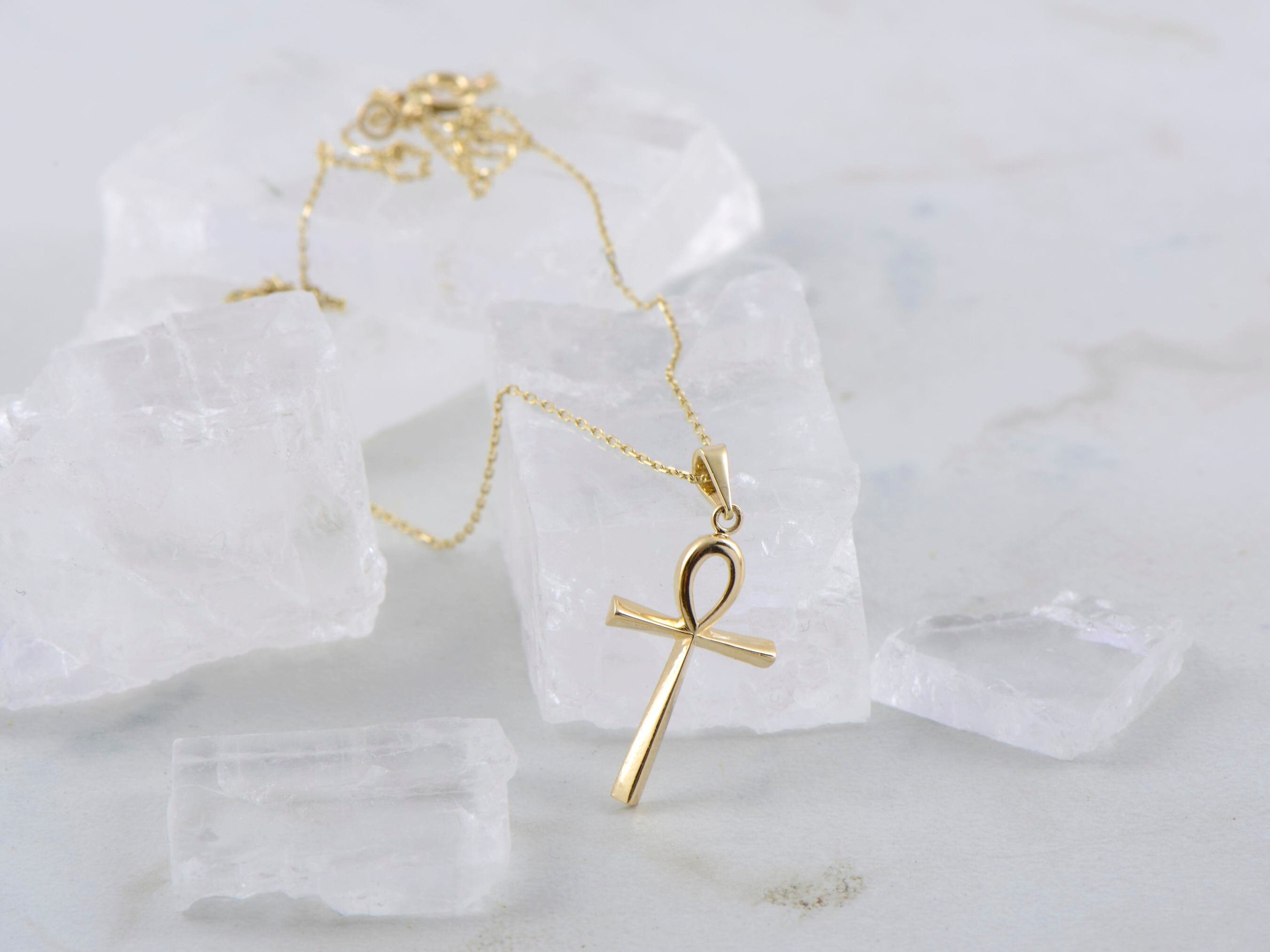 14k Solid Gold Ankh Cross Necklace, Real Gold Egyptian Ankh Charm ...