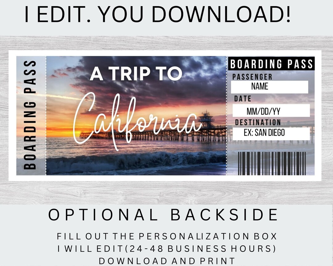 California Surprise Trip Editable Ticket Download I EDIT, YOU DOWNLOAD ...
