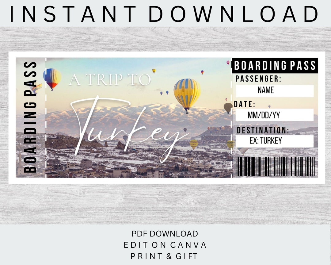 Printable TURKEY Surprise Trip Ticket. TURKEY Editable Boarding Pass ...