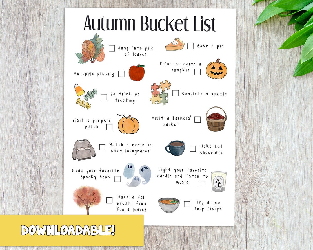Autumn Fall Bucket List Downloadable Printable PDF Holiday Checklist ...