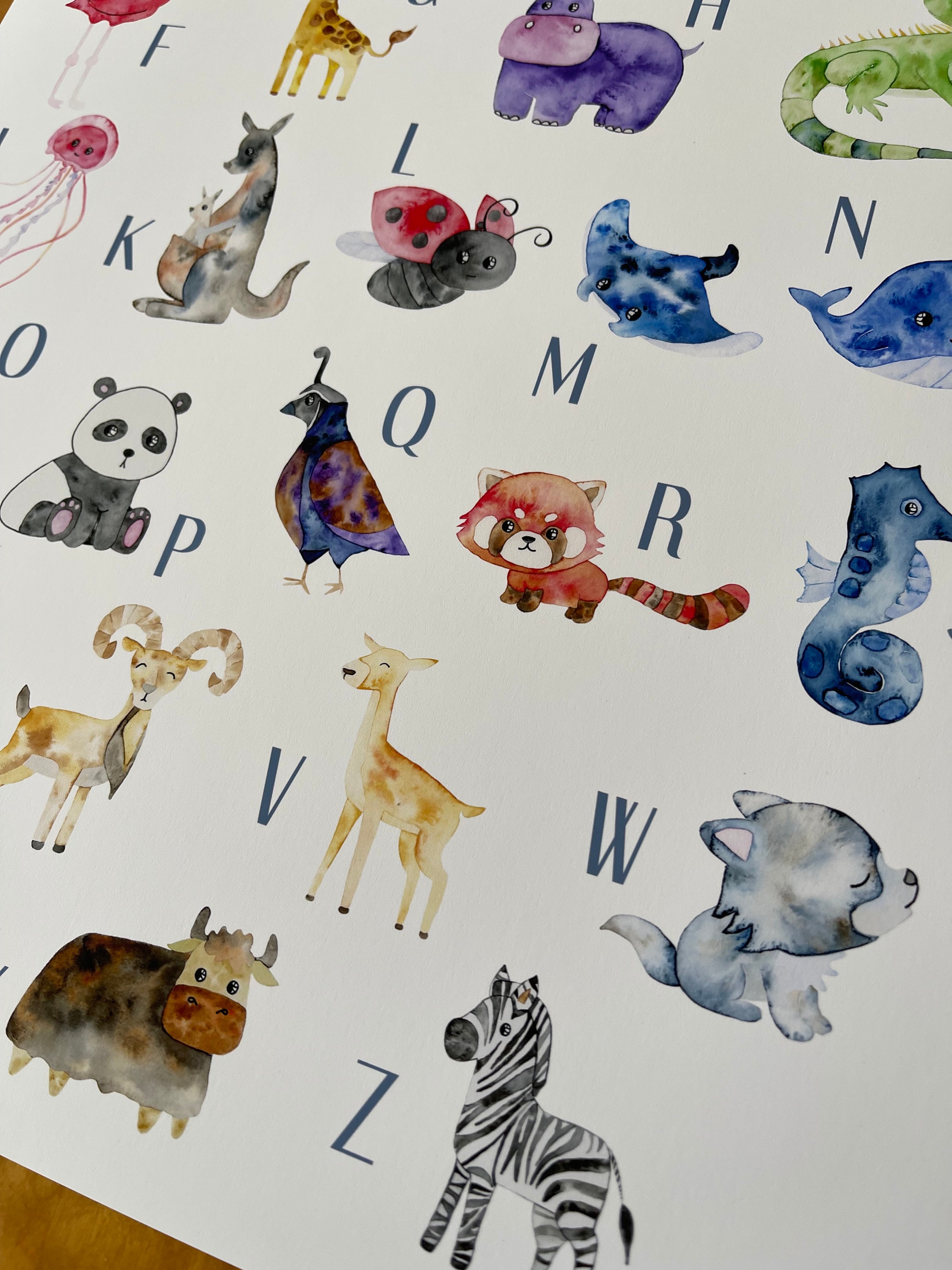 Cute Cartoon Animal Alphabet Watercolor Print, Fine Wall Art for ...