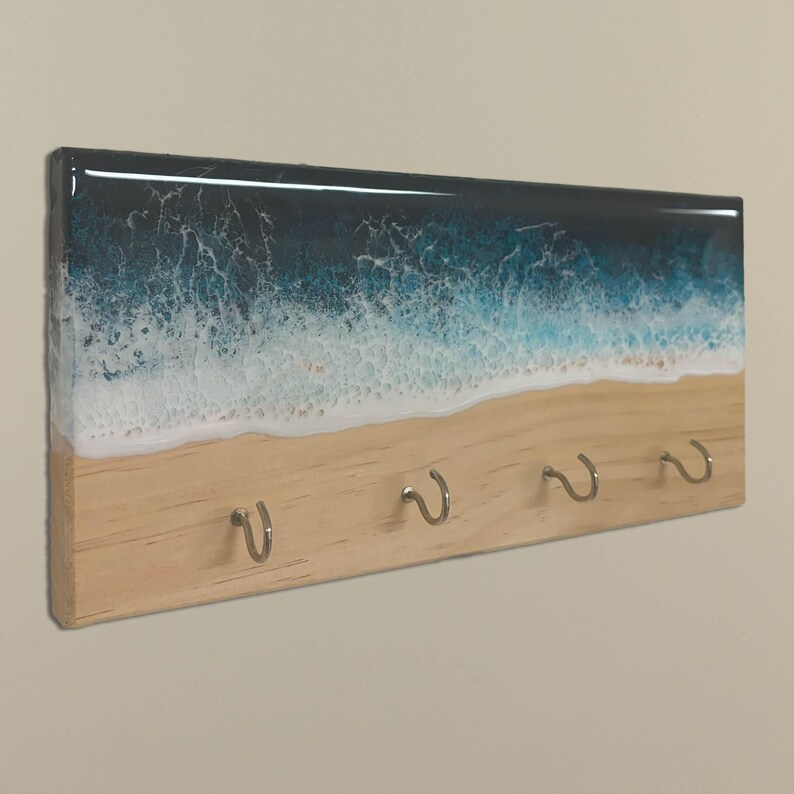 Ocean Waves Wooden Key Hanger – Light Wood, 12x5.5 Inches, 4 Hooks ...