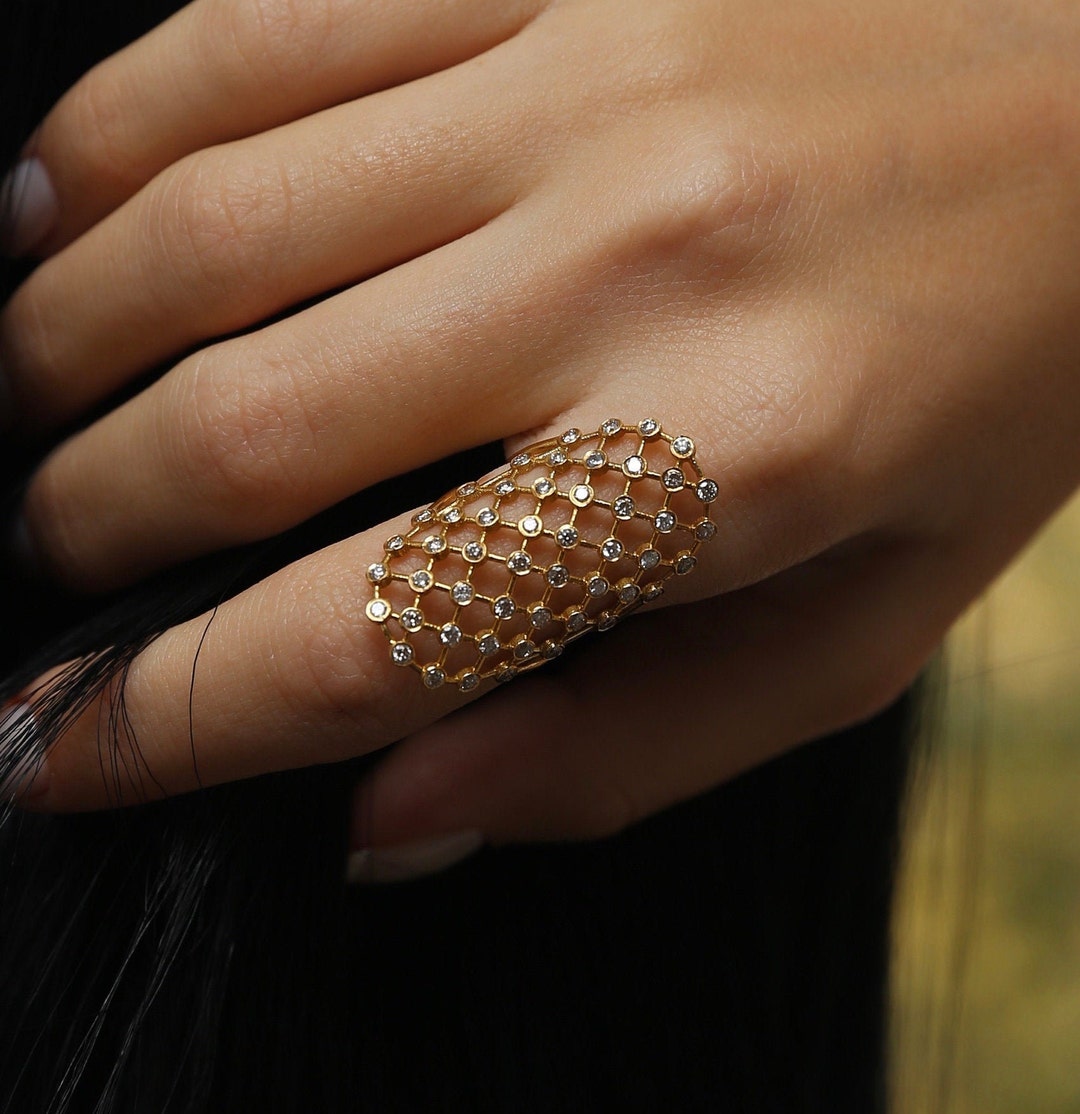 14K Solid Gold Full Finger Diamond Ring, Stone Antique Gold Ring ...