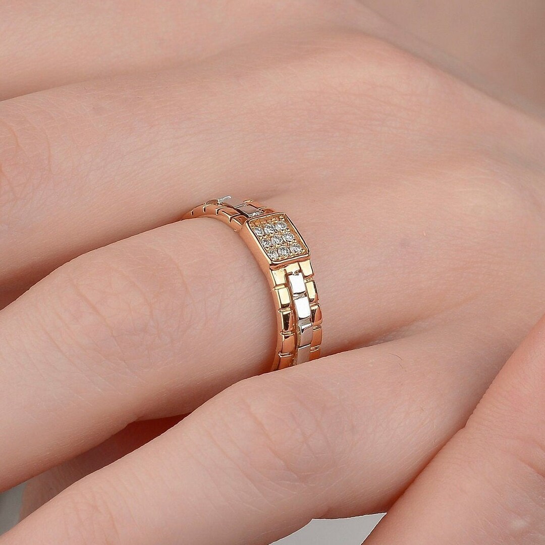 14K Solid Gold Brick Theme Ring, Gold Pave Chain Ring, Diamond Cluster ...