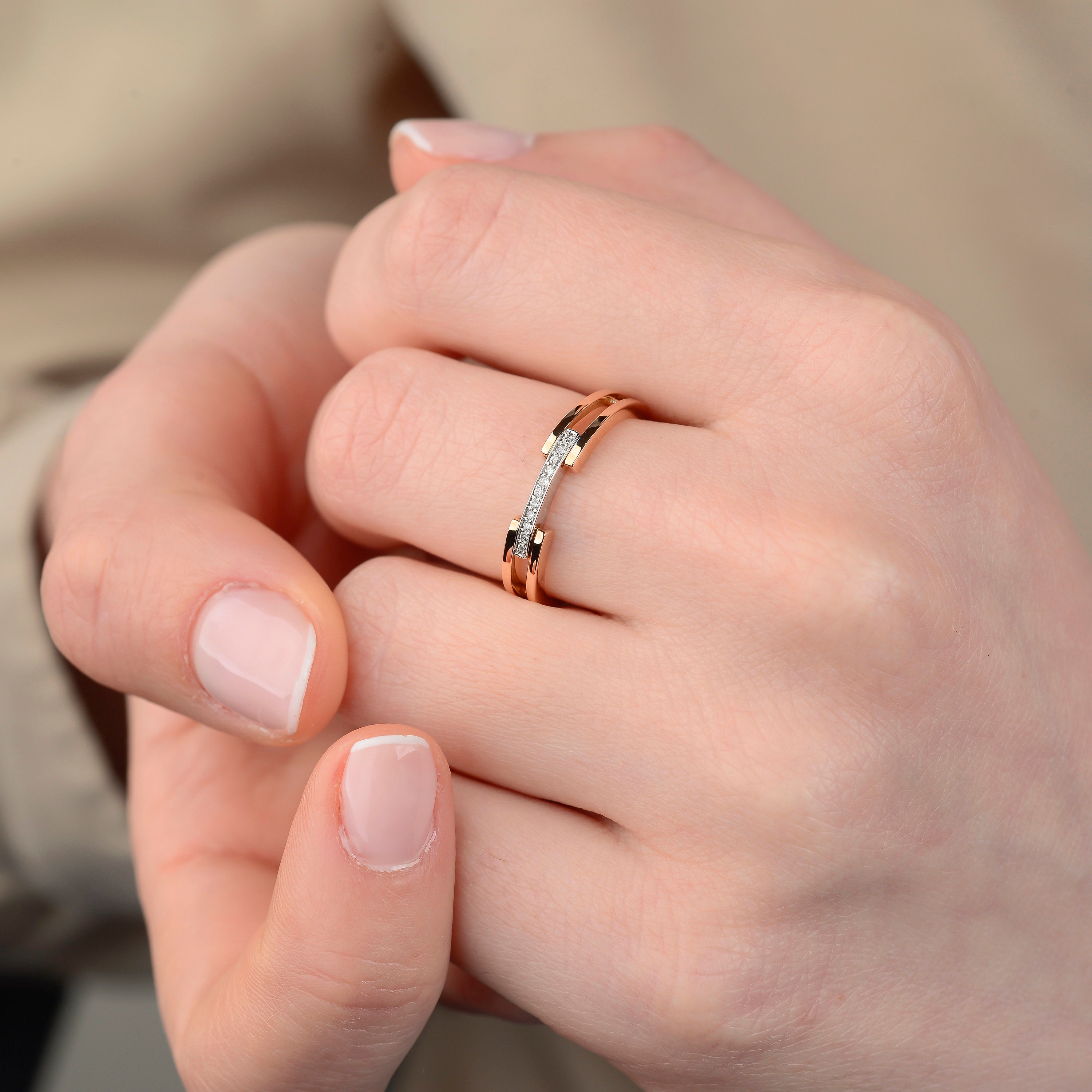 14K Solid Gold Double Row With Centered Diomand Band Ring - Etsy