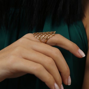 14K Solid Gold Full Finger Diamond Ring, Stone Antique Gold Ring ...