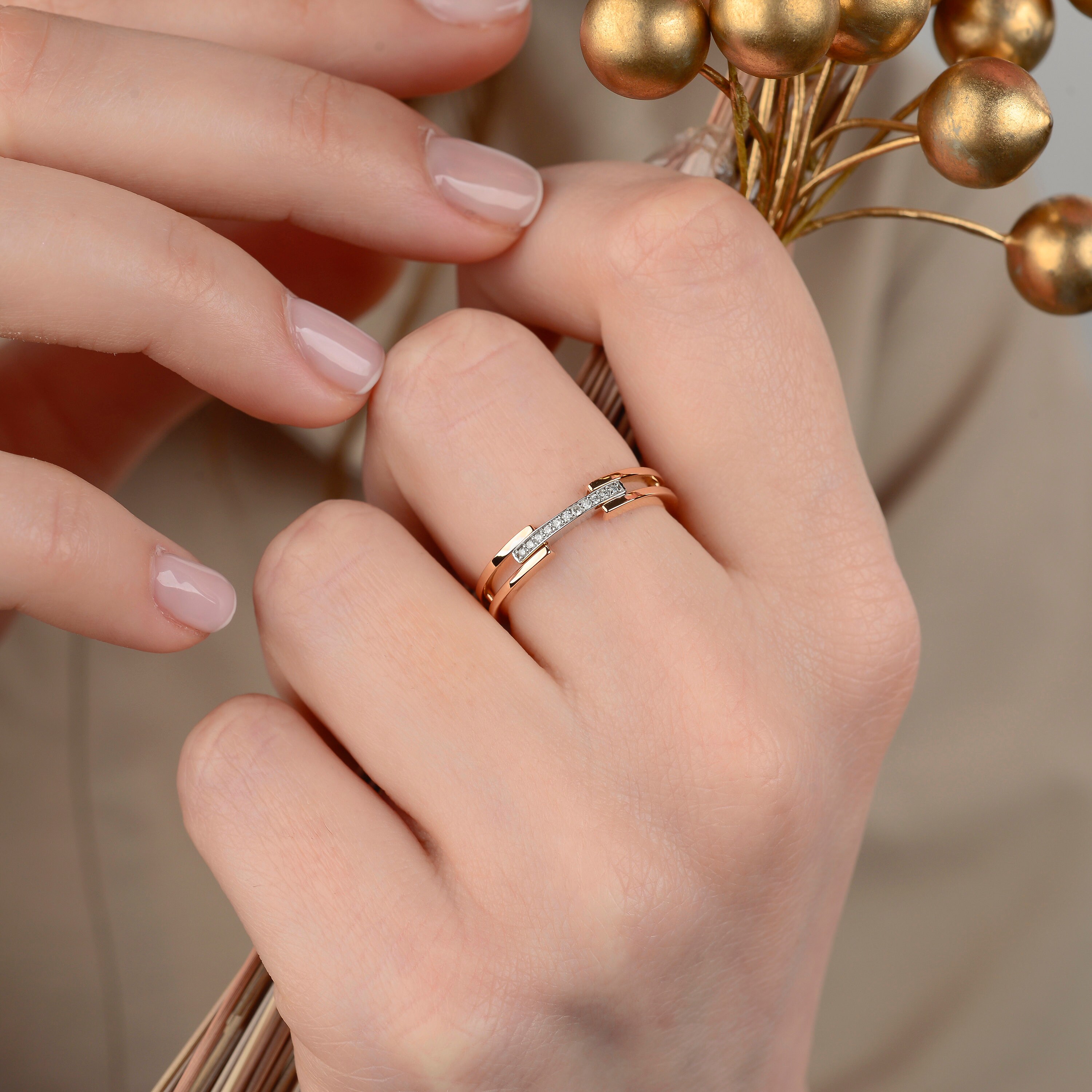 14K Solid Gold Double Row With Centered Diamond Band Ring - Etsy
