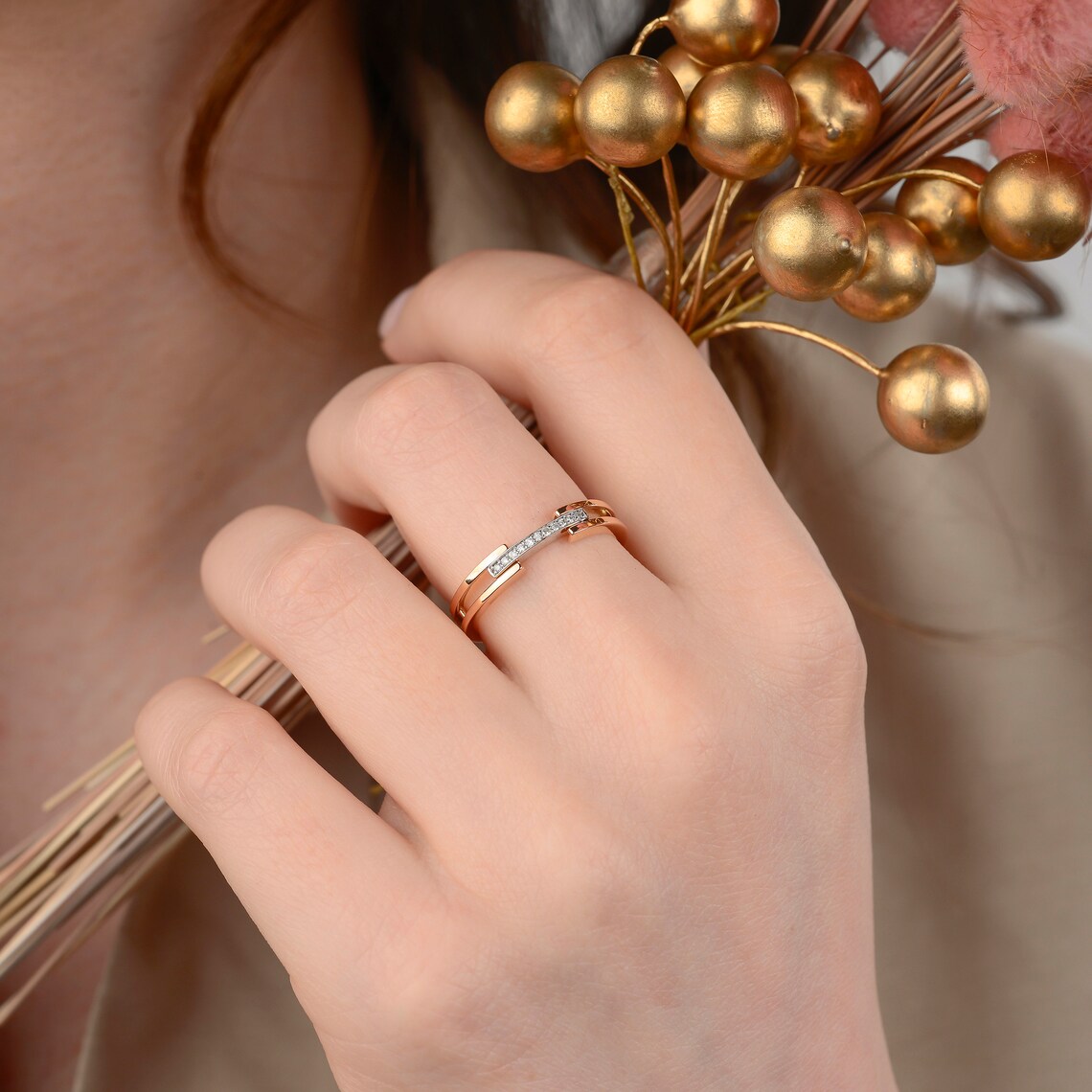 14K Solid Gold Double Row With Centered Diamond Band Ring - Etsy