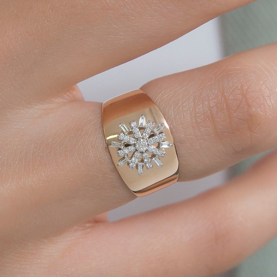 Cigar Band Ring, Snowflake Ring, Wide Gold Band, Diamond Pinky Ring ...