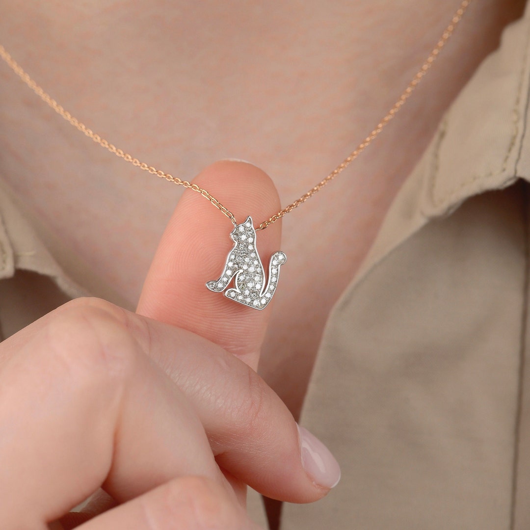 Diamond Cat Necklace in White Gold, 18K Gold Cat Pendant With Diamonds ...