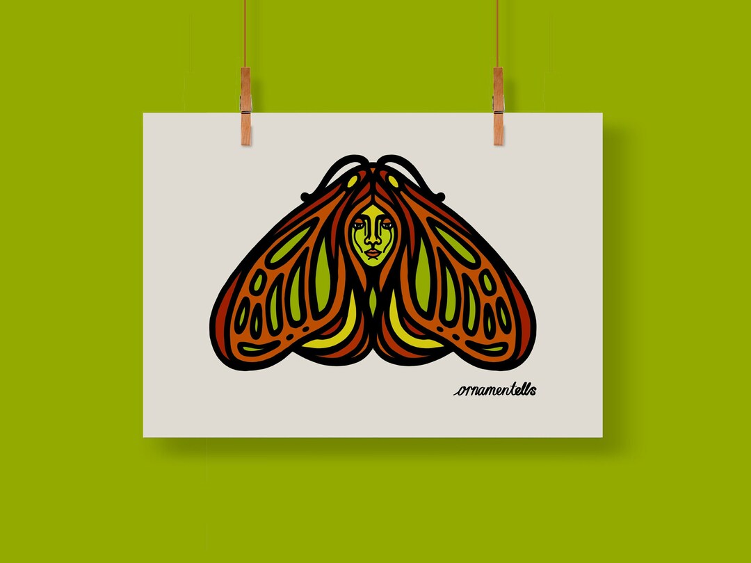 A4, A3 Moth Lady Tattoo Flash Art Print/poster, Orange and Green ...