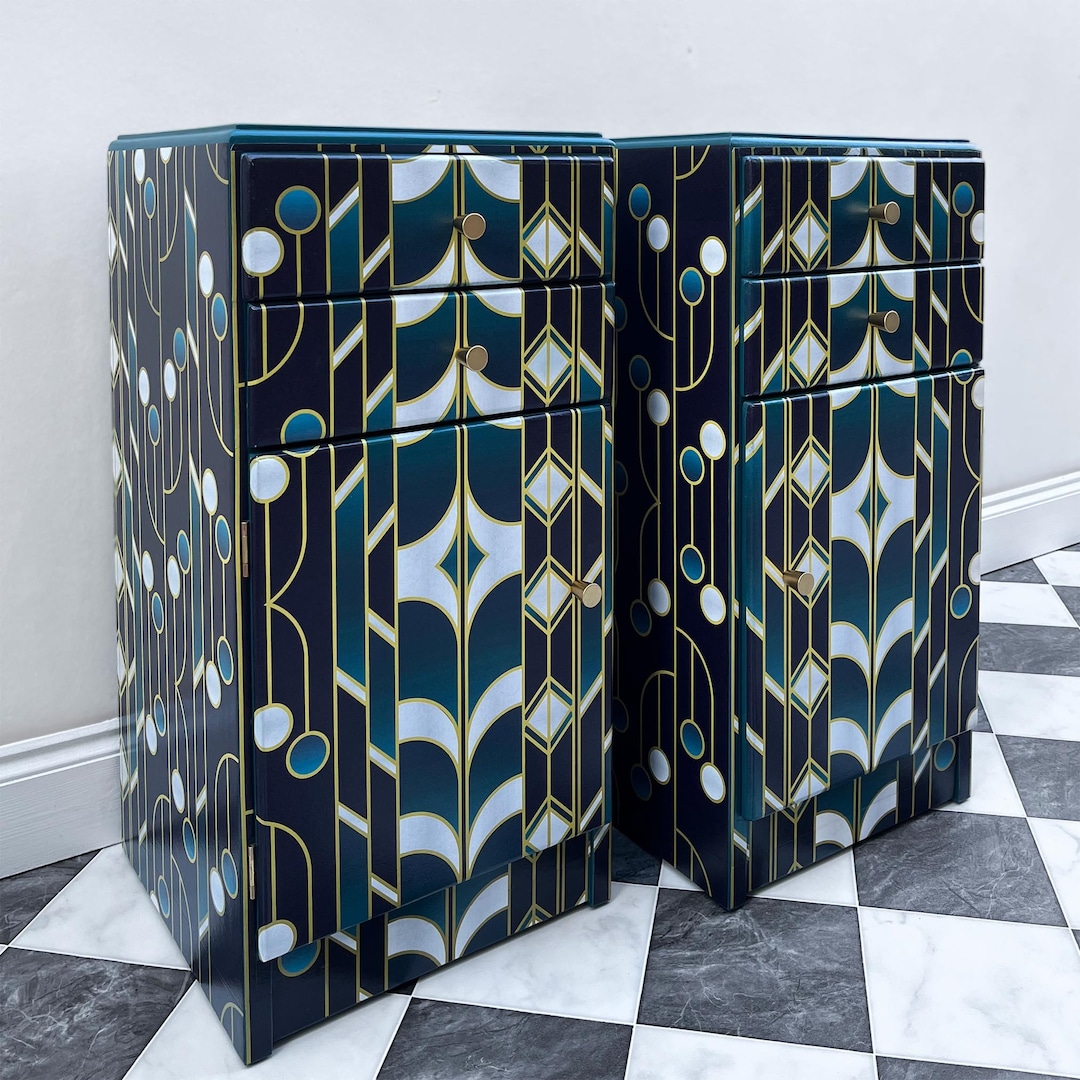 Vintage Art Deco Teal Bedside Tables: Geometric Nightstands - Etsy