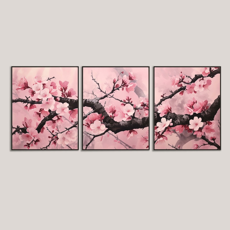 Japanese Set of 3 Posters, Pink Cherry Blossom, Japanese Art Print, Oriental Poster Sets, Floral ...