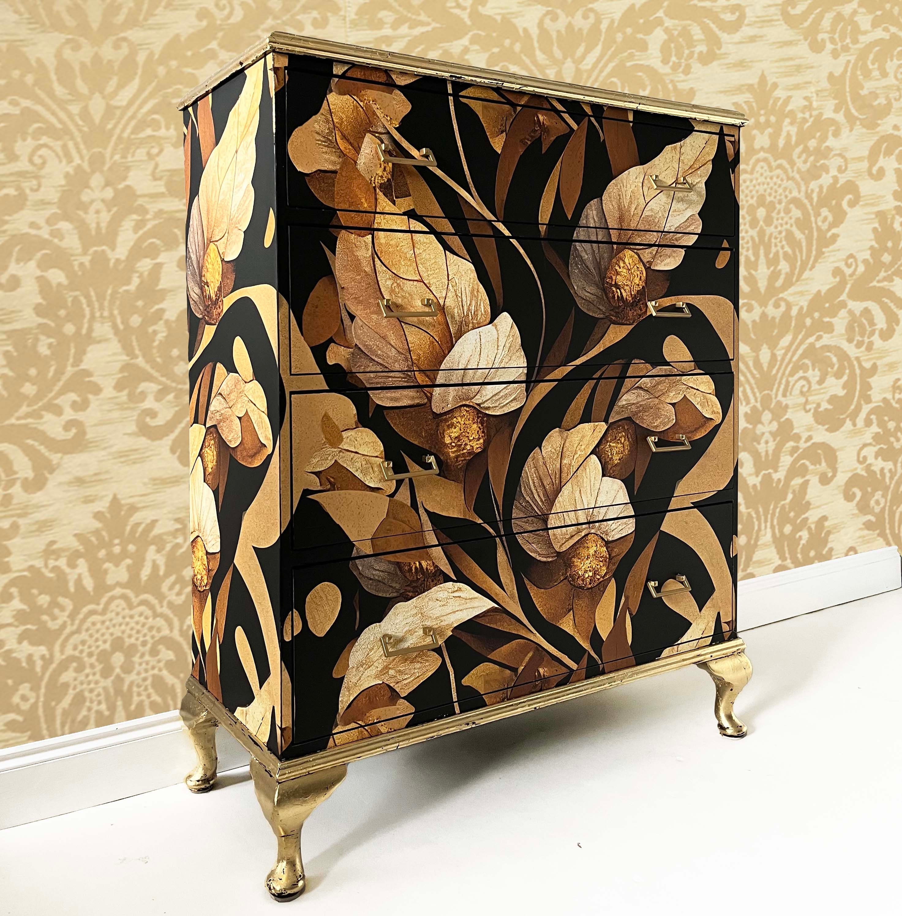 Painted Black Antique Chest of Drawer Retro Gold Flowers Vintage ...