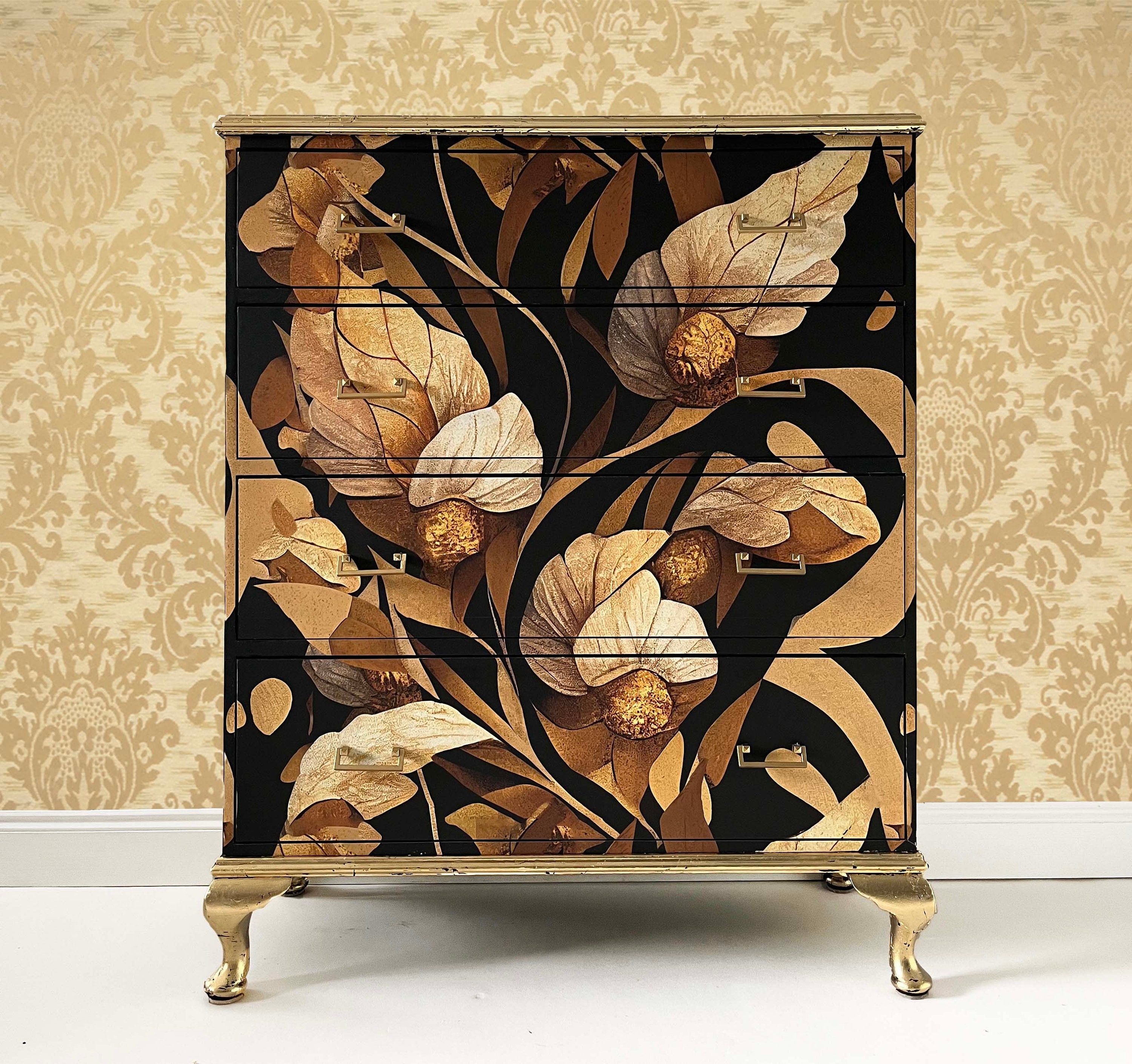 Painted Black Antique Chest of Drawer Retro Gold Flowers Vintage ...