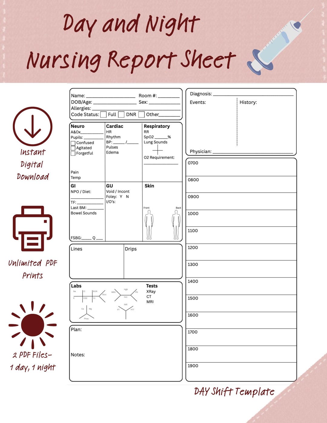 Nurse Brain Report Sheet: Day and Night Shift RN Handoff Template (PDF ...