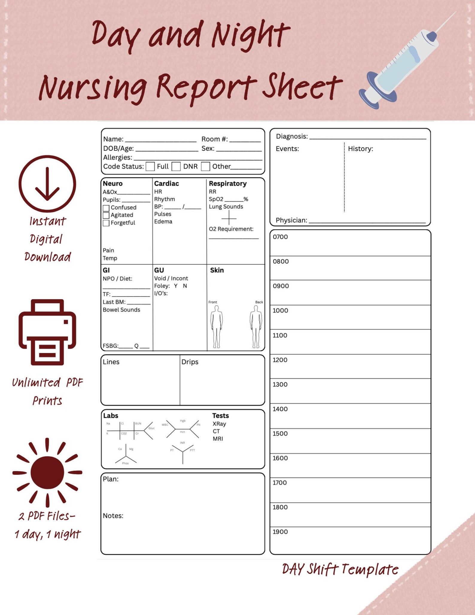 Nurse Brain Report Sheet: Day and Night Shift RN Handoff Template (PDF ...