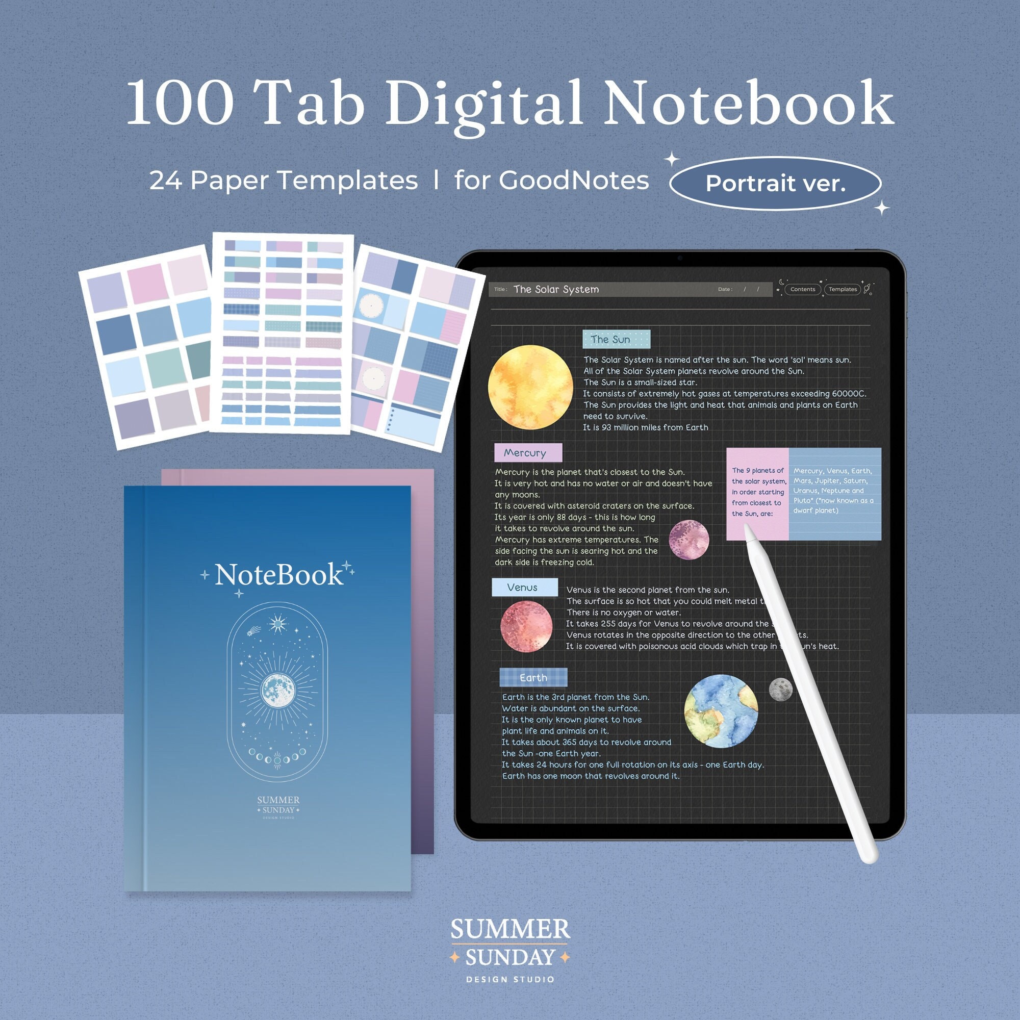 100-tab Dark Digital Notebook: Portrait Planner for Goodnotes ...