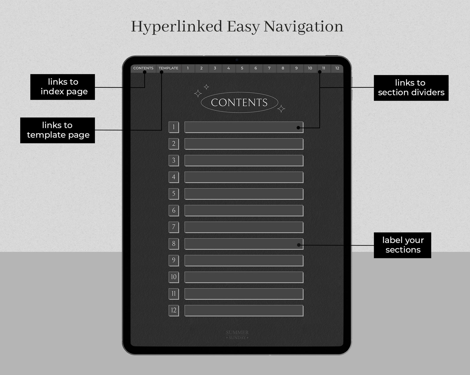 12 Tab Hyperlinked Digital Notebook DARK MODE Dot, Grid, Blank, Lined ...