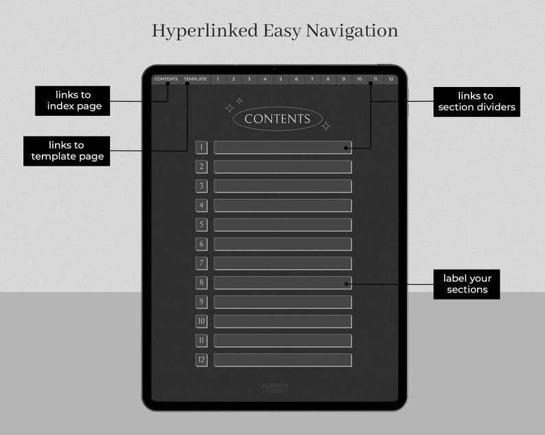 12 Tab Hyperlinked Digital Notebook DARK MODE Dot, Grid, Blank, Lined ...