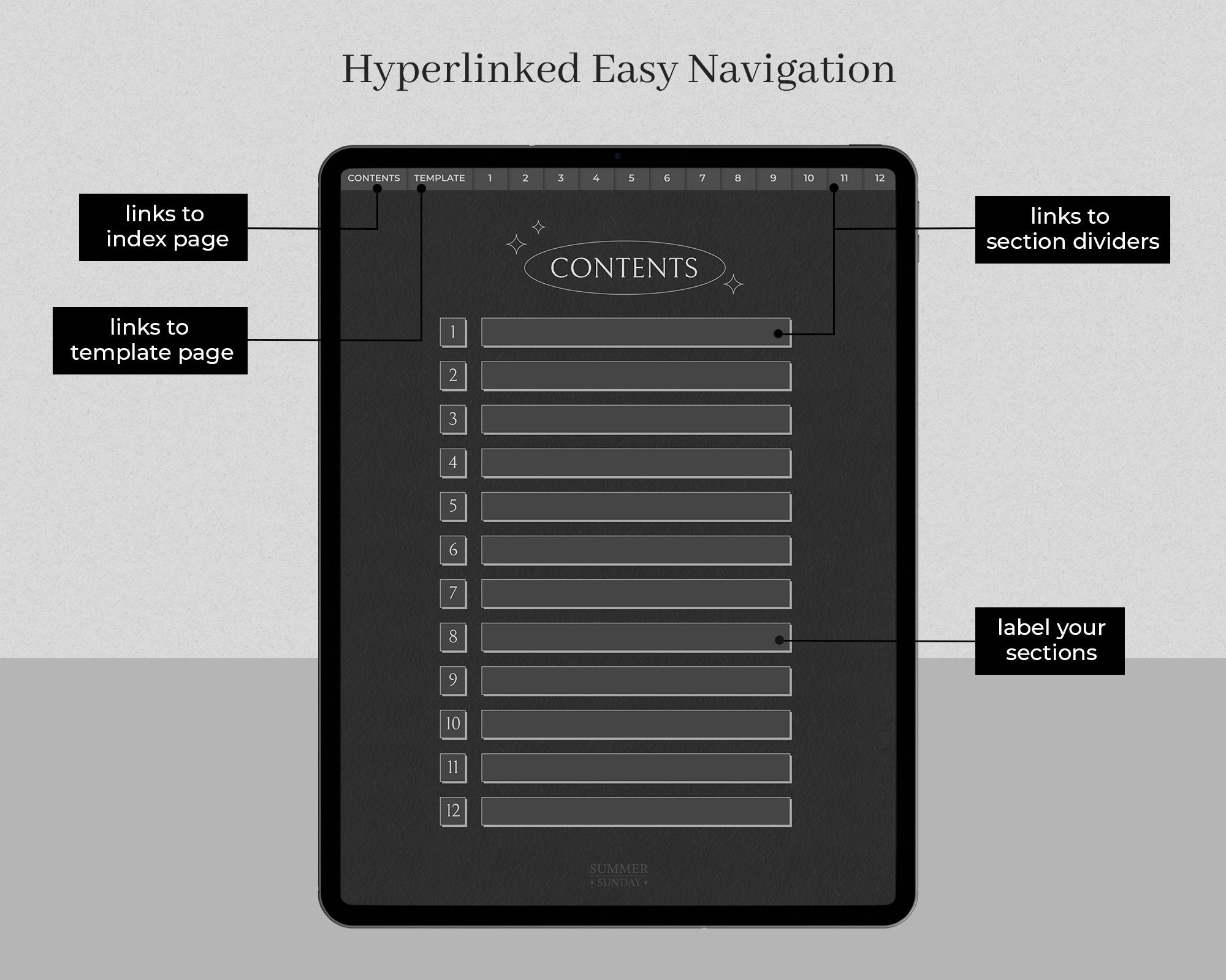 12 Tab Hyperlinked Digital Notebook DARK MODE Dot, Grid, Blank, Lined ...