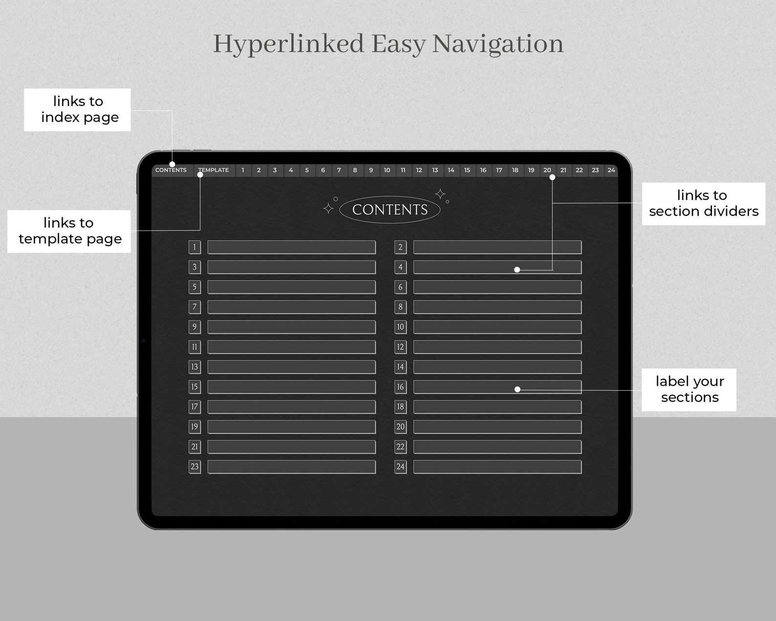 24 Tab Hyperlinked Digital Notebook Landscape DARK MODE Free Stickers ...