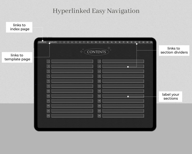 24 Tab Hyperlinked Digital Notebook Landscape DARK MODE Free Stickers ...