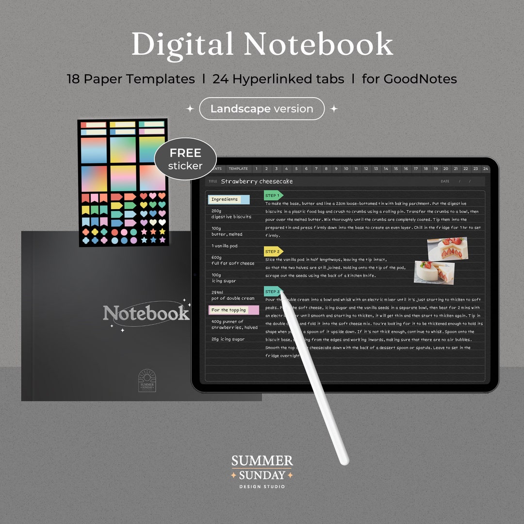 24 Tab Hyperlinked Digital Notebook Landscape DARK MODE Free Stickers ...