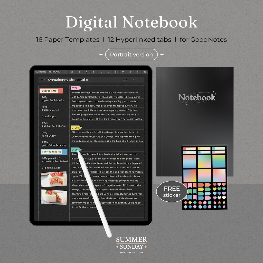 12 Tab Hyperlinked Digital Notebook DARK MODE Dot, Grid, Blank, Lined ...