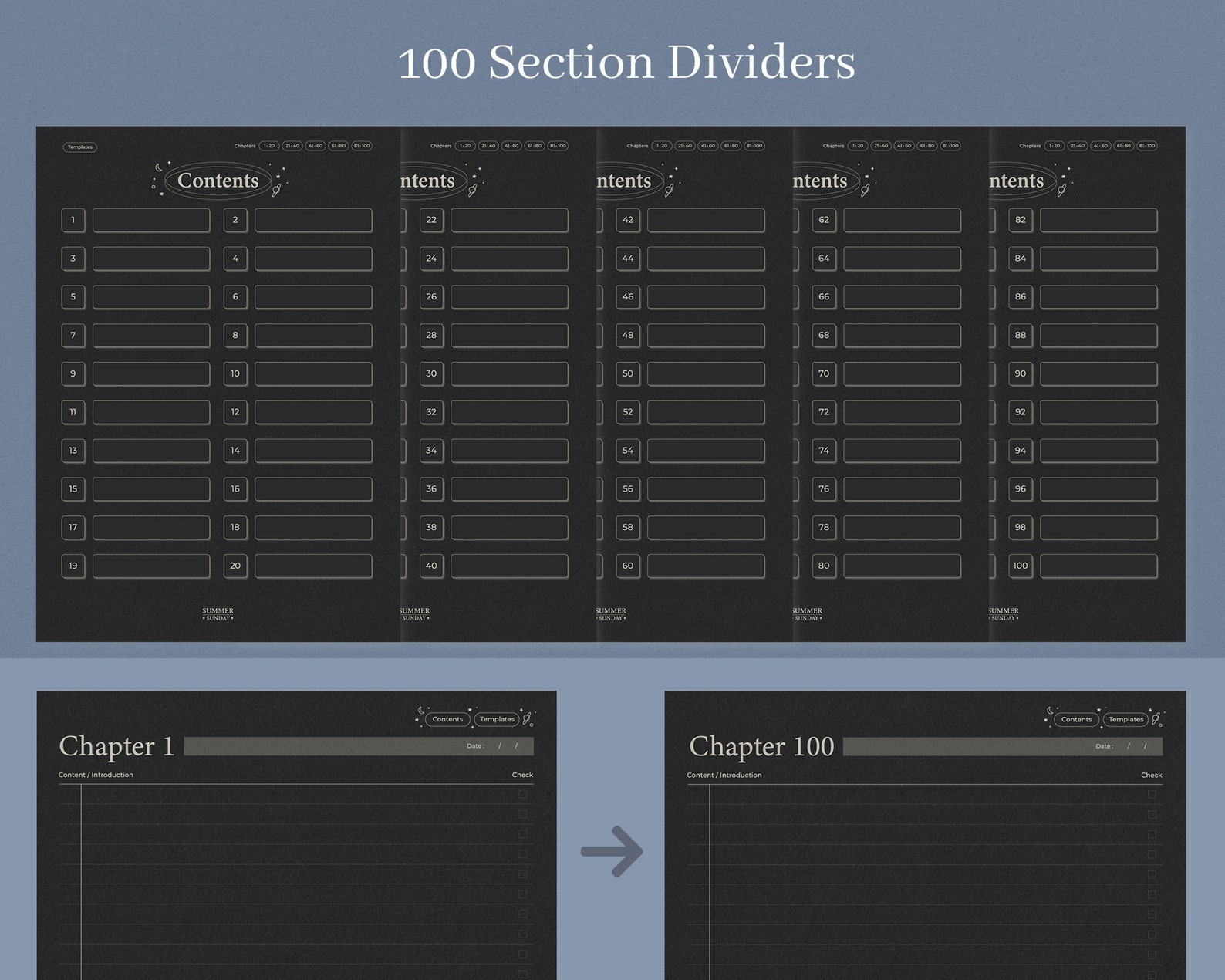 100-tab Dark Digital Notebook: Portrait Planner for Goodnotes ...