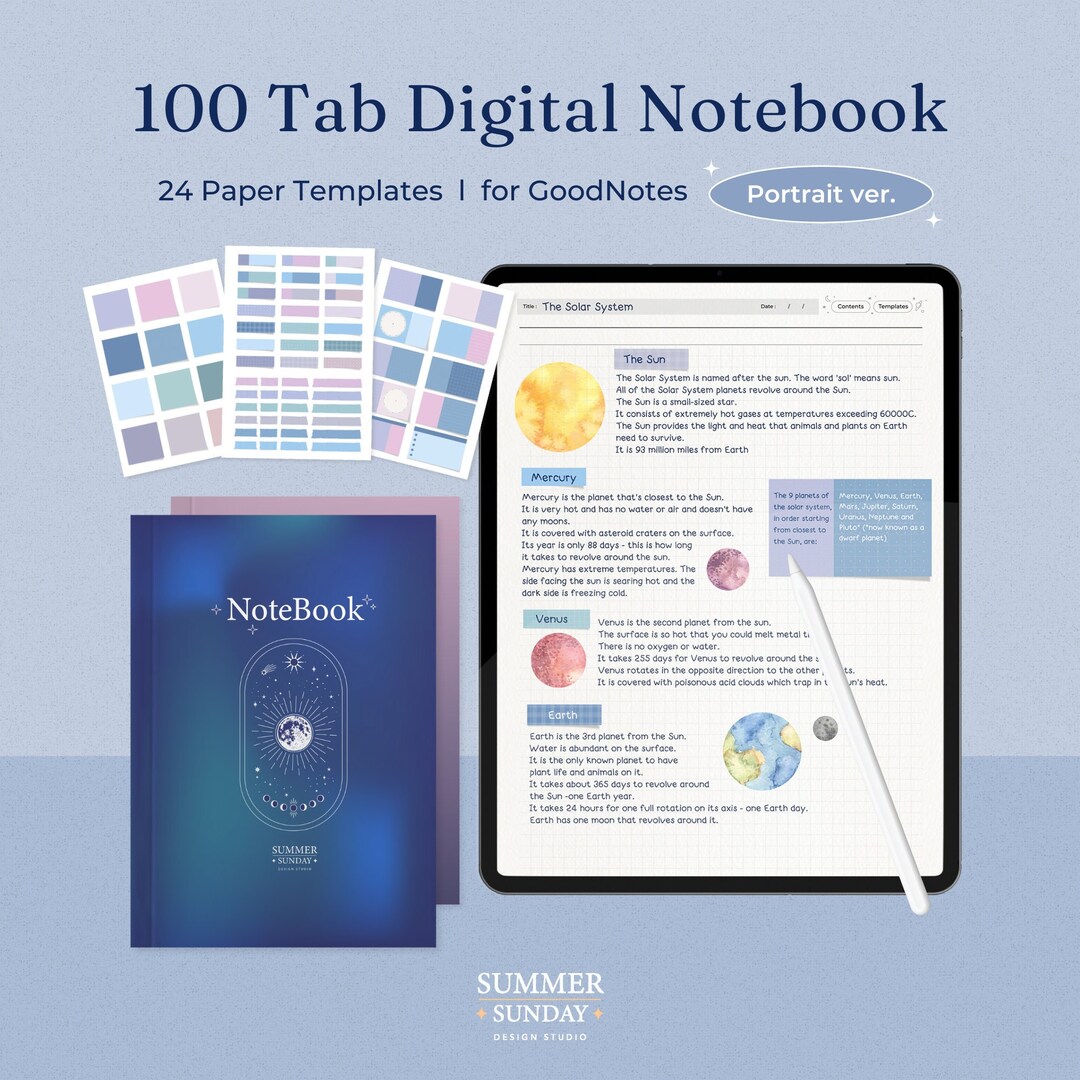 100-tab Hyperlinked Digital Notebook: Portrait Planner for Goodnotes ...