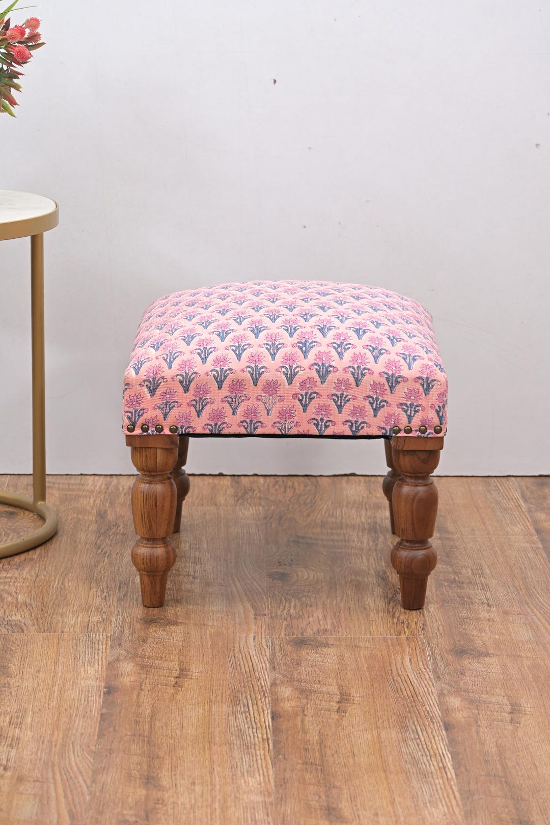 Handmade Acacia Wood Ottoman: Hand Block Print Pouf Footstool - Etsy