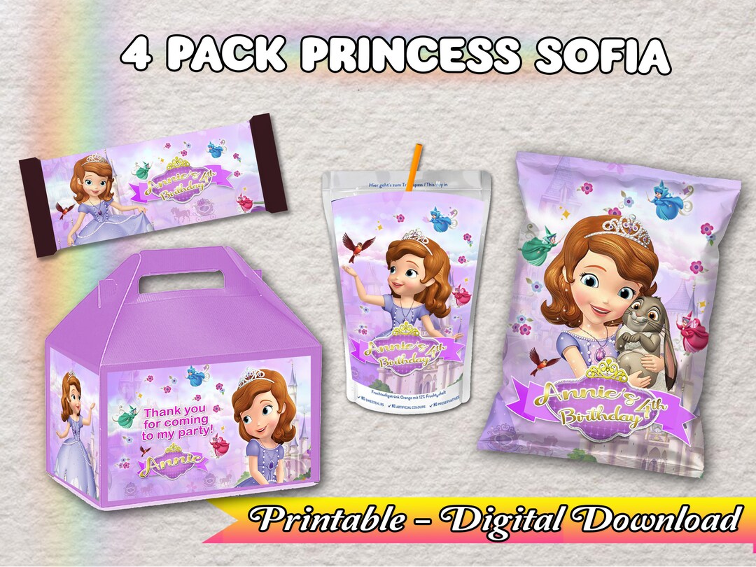 4 Pack Princess Sofía Girl Chip Bag Juice Candy Bar Gable Box Princess ...